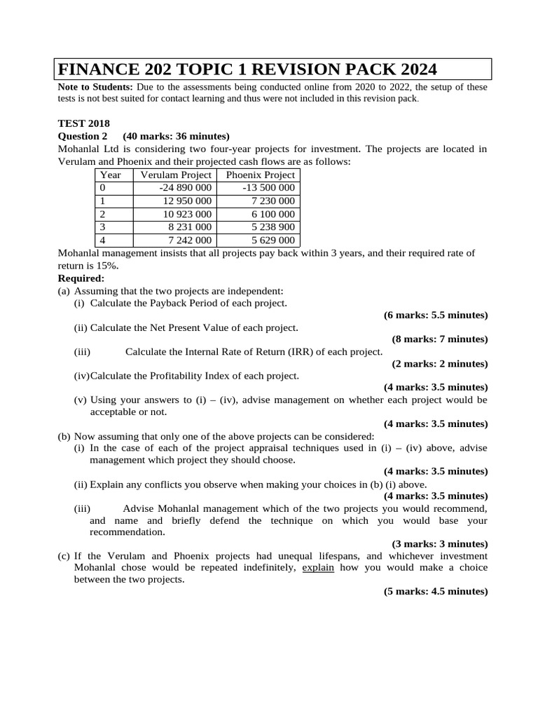 FINA202 Topic 1 Revision Pack 2024 2 | PDF | Internal Rate Of Return | Net Present Value