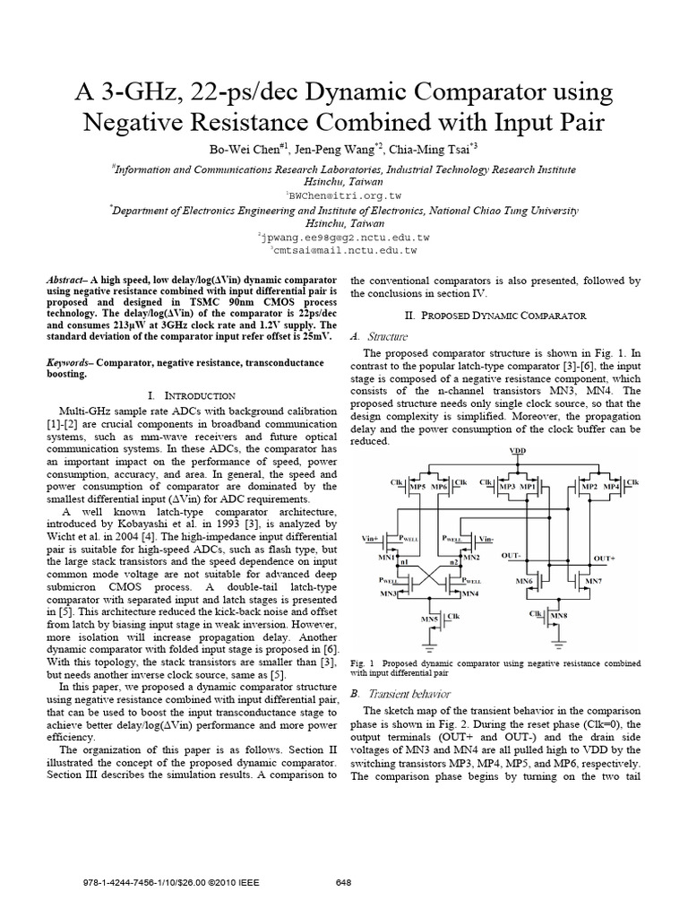 A 3-Ghz, 22-Ps/Dec Dynamic Comparator Using Negative Resistance ...