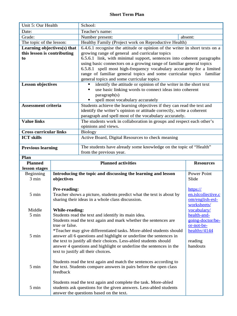 Healthy Family Project Lesson Plan | PDF | Vocabulary | Learning
