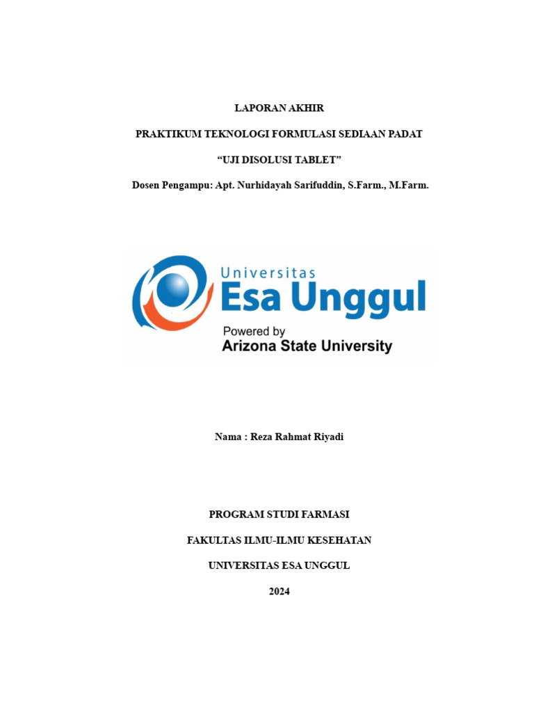 Laporan Uji Disolusi Tablet Paracetamol 500 MG Reza Rahmat Riyadi | PDF