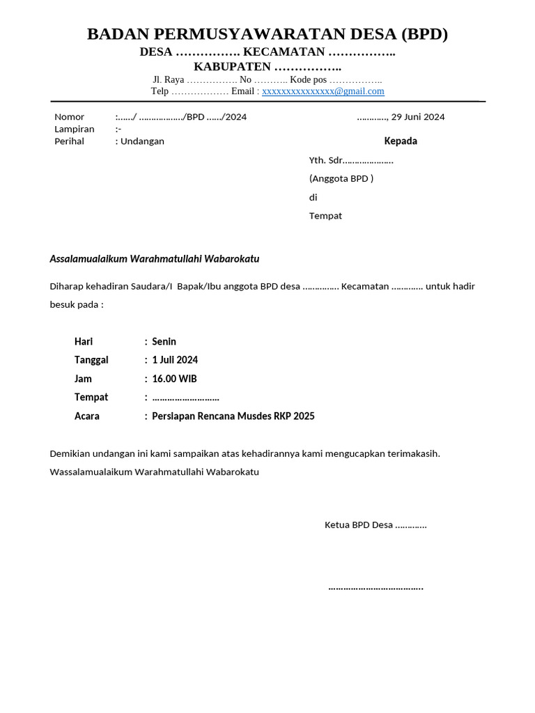 Undangan Rapat Musdes RKP 2025 BPD | PDF