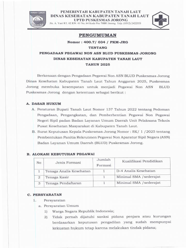Pengumuman Rekrutmen BLUD PKM Jorong 2025 | PDF