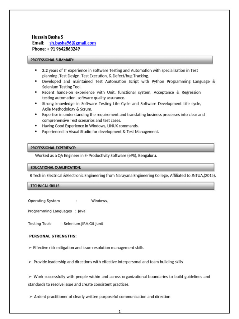 HussainBasha_Resume | PDF | Selenium (Software) | Software Testing