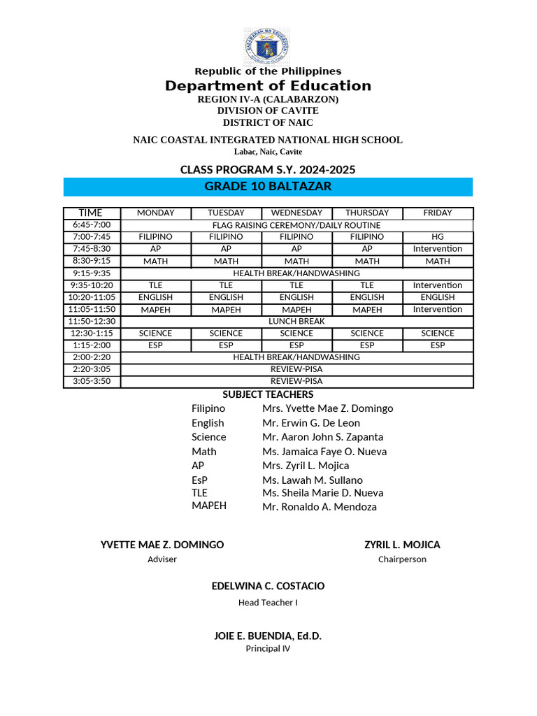 Naic Coastal High School Grade 10 Schedule | PDF | Government ...