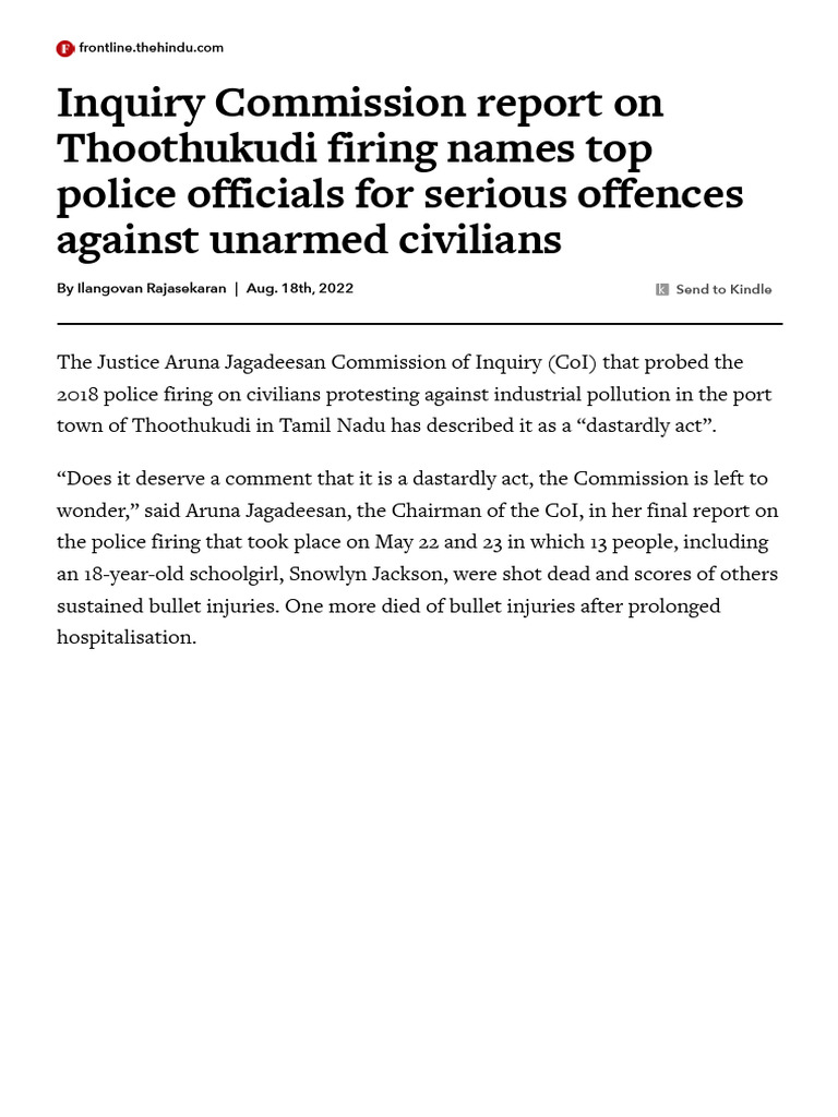 Inquiry Commission Report On Thoothukudi Firing Names Top Police Officials For Serious Offences ...