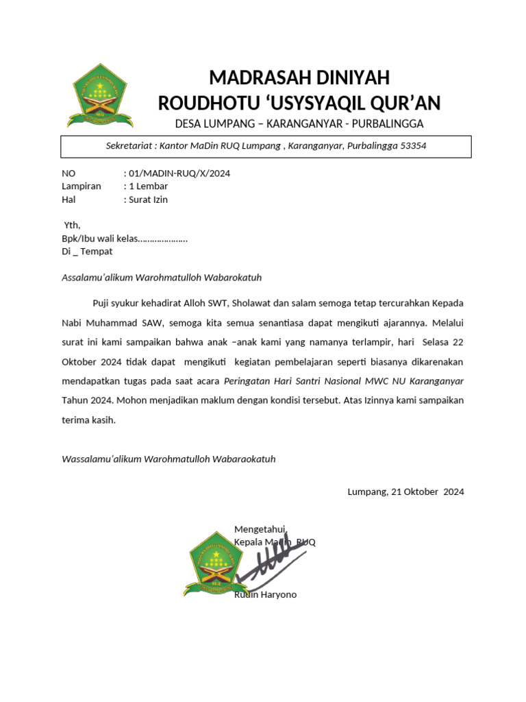 MADRASAH DINIYAH Surat Izin | PDF
