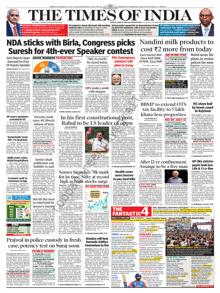 The Times of India Bangalore 26-06-2024 | PDF | Narendra Modi ...
