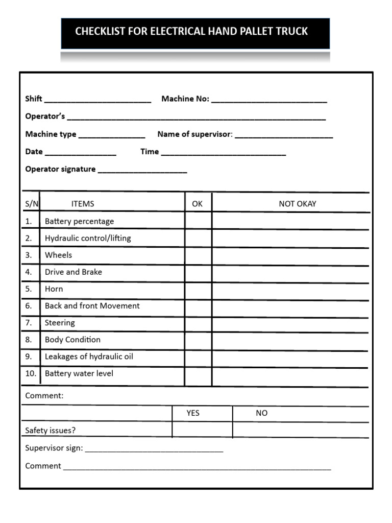 Checklist For Electrical Hand Pallet Truck | PDF