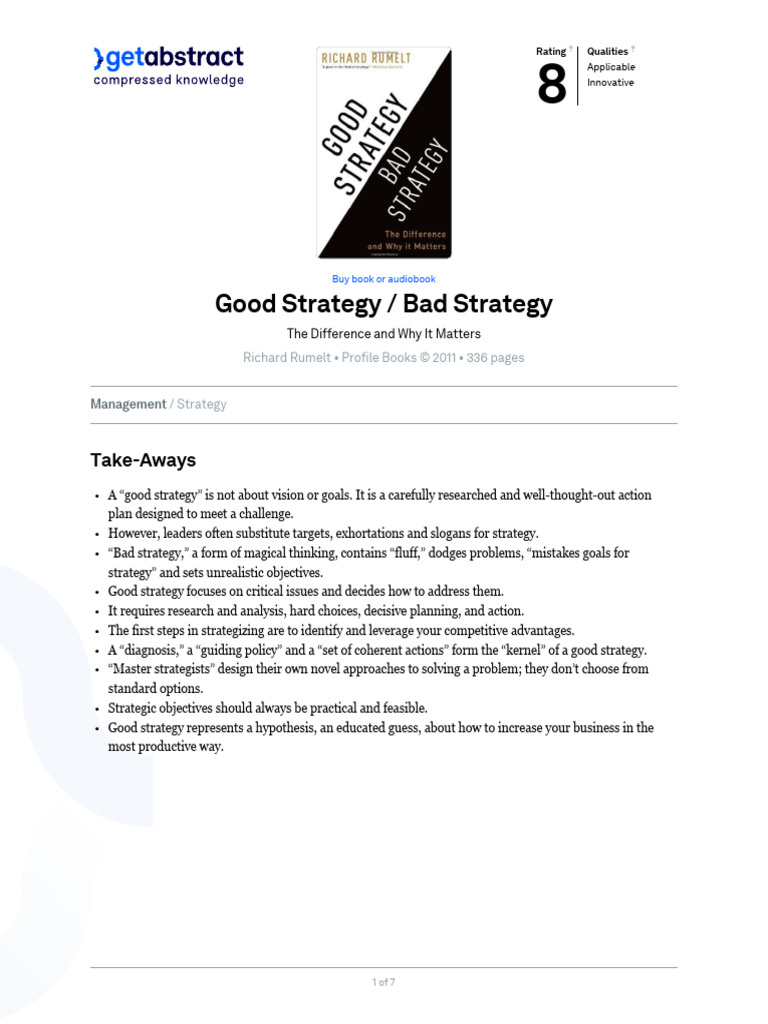 Good Strategy Bad Strategy Rumelt en 15024 | PDF | Thought | Strategic ...