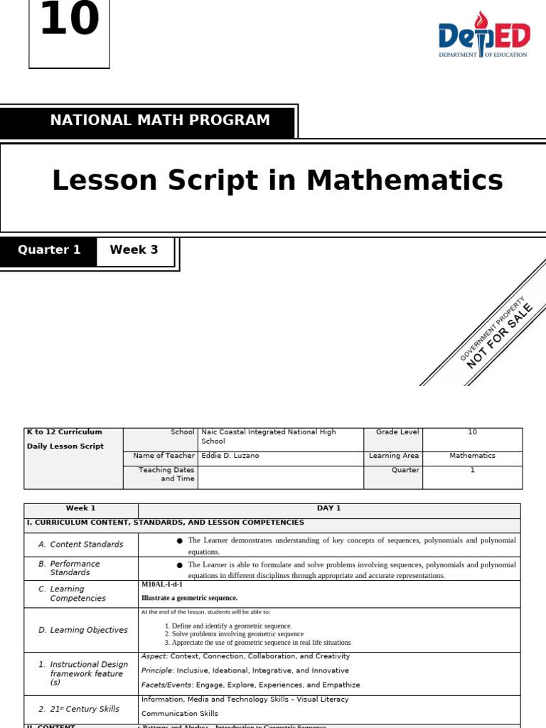 Lesson Script in Mathematics: National Math Program | PDF | Mathematics ...