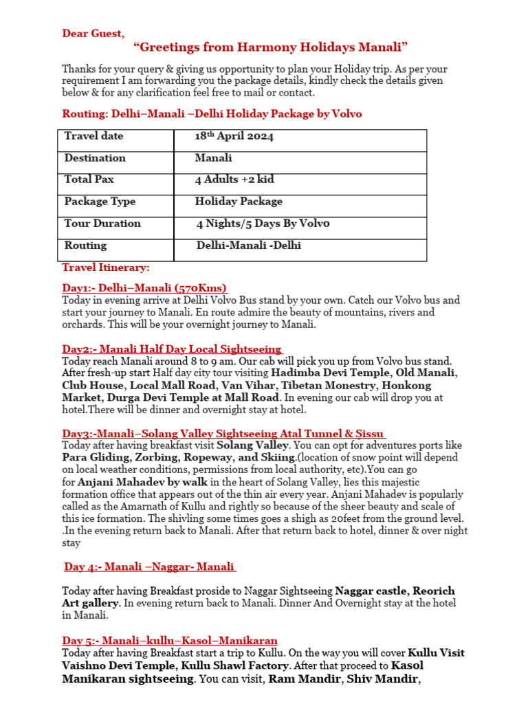 4 Person+ 2kid Manali Kasol Volvo Package | PDF