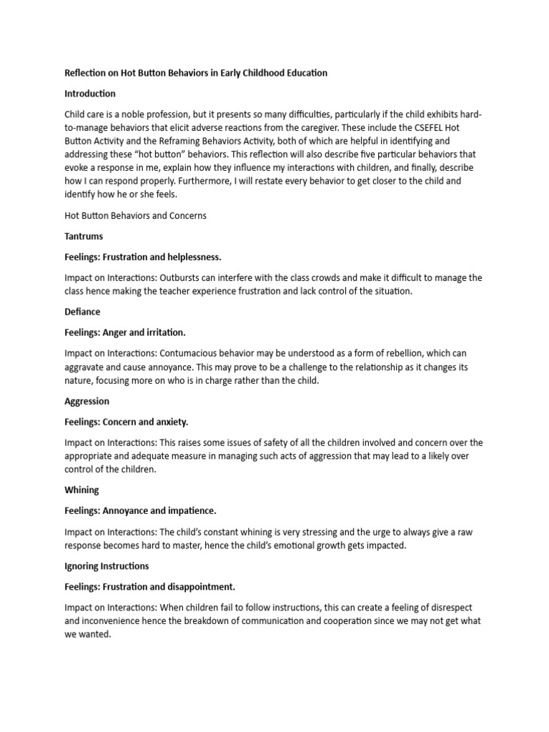 Reflection On Hot Button Behaviors in Early Childhood Education | PDF ...