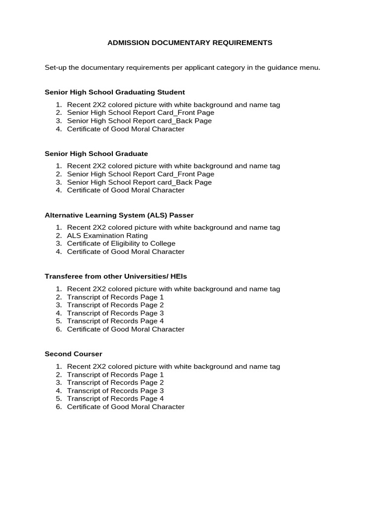 Admission Documentary Requirements Guide | PDF