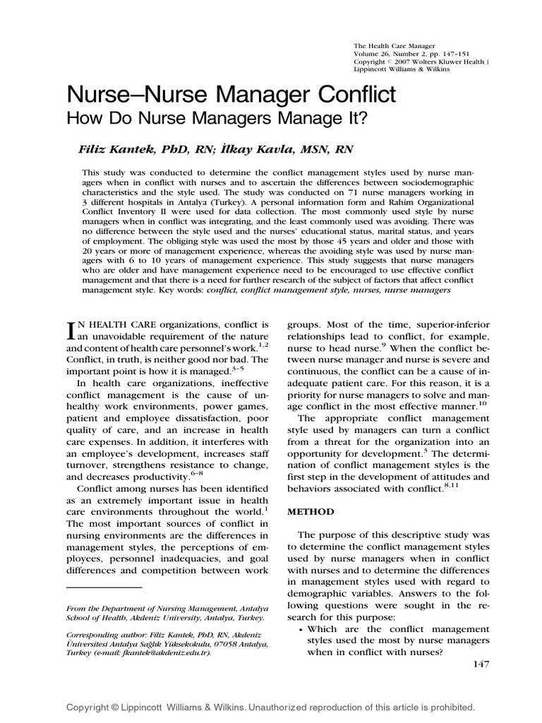 Nurse Nurse Manager Conflict How Do Nurse Managers Manage It | PDF ...