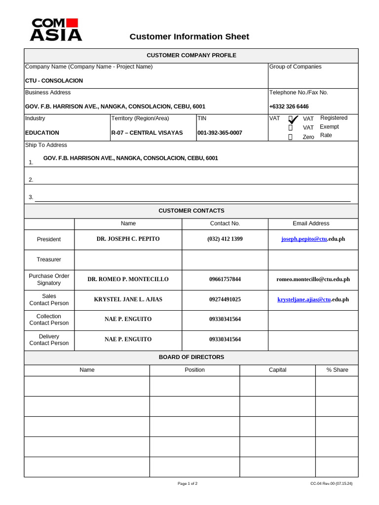 CC-04 Customer Information Sheet | PDF | Corporations | Business