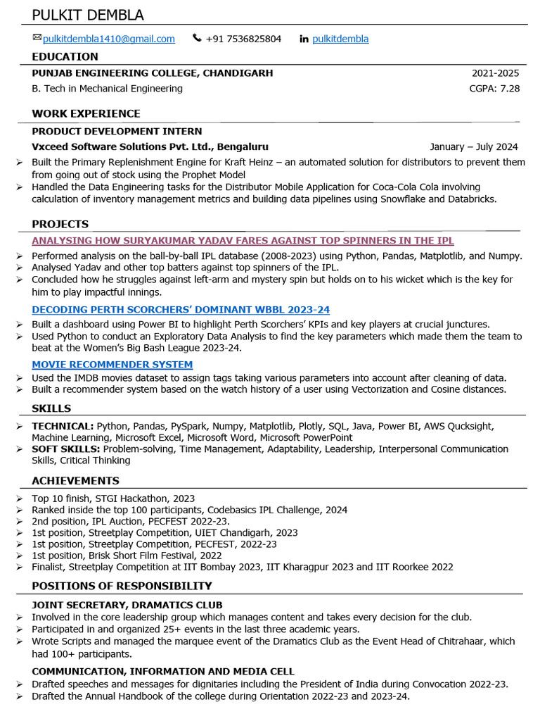 Resume - Pulkit Dembla - Data Analyst | PDF | Computing | Information Technology