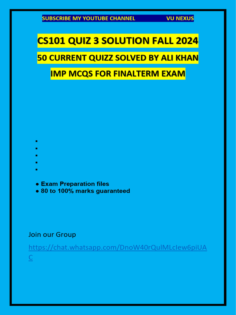 CS101 Quiz 3 (Finalterm Quiz) Fall 2024 by Ali Khan | PDF