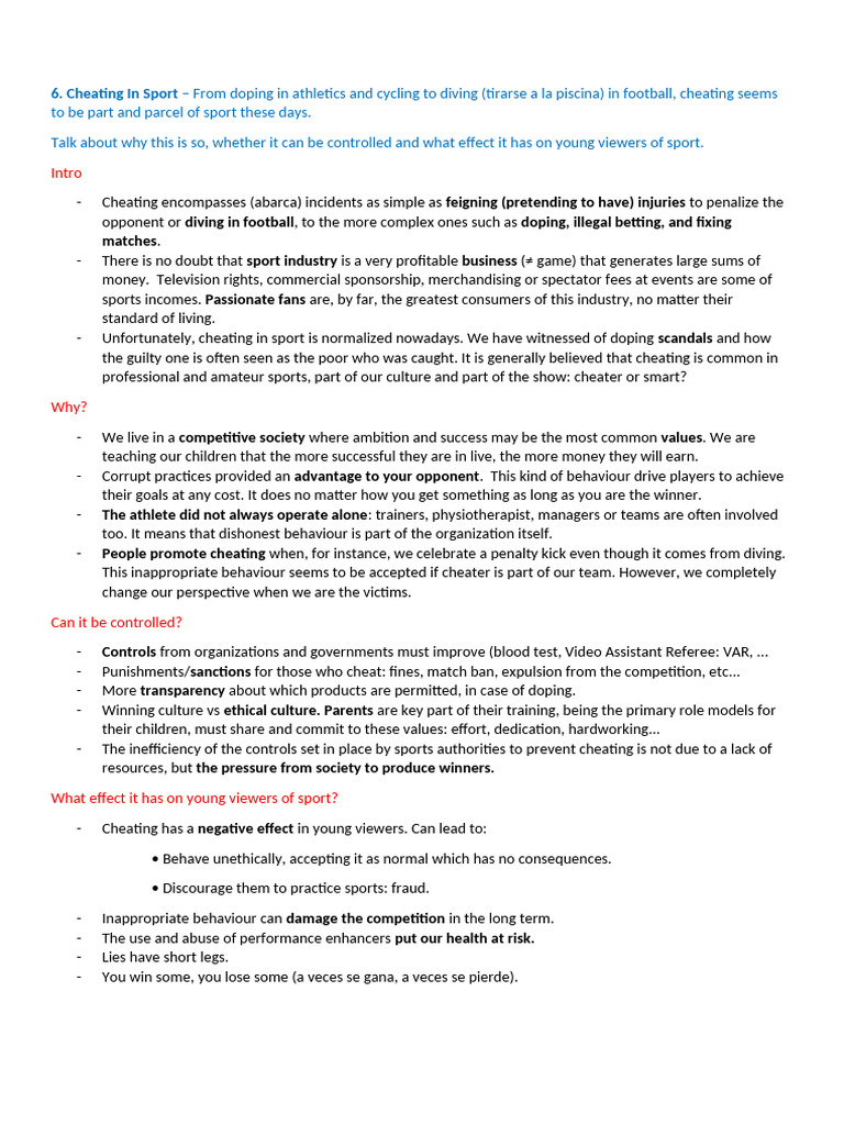 Cheating in Sport ENGLISH B2.2 | PDF | Sports