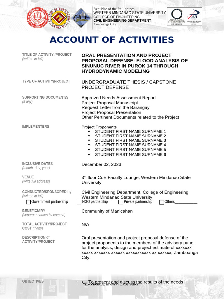 COE-CE-RES-EXT 12 Account of Activities (Project Proposal Defense) | PDF