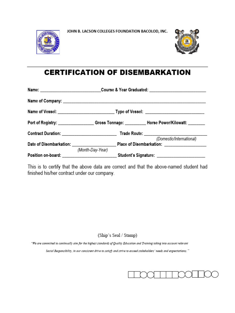 Certification of Disembarkation Form | PDF | Shipping | Water Transport