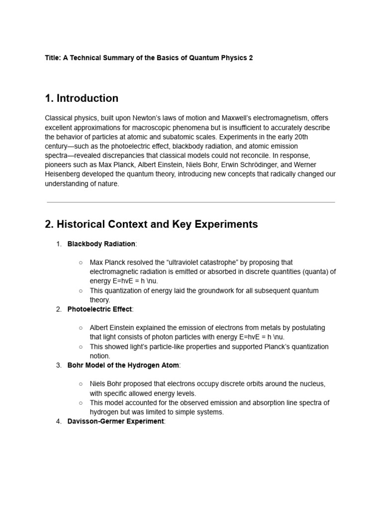 A Technical Summary of The Basics of Quantum Physics 2 | PDF | Quantum ...