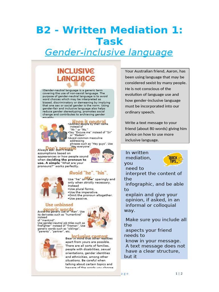 1 1 Gender Inclusive Language WrittenMediation Task | PDF | Gender ...