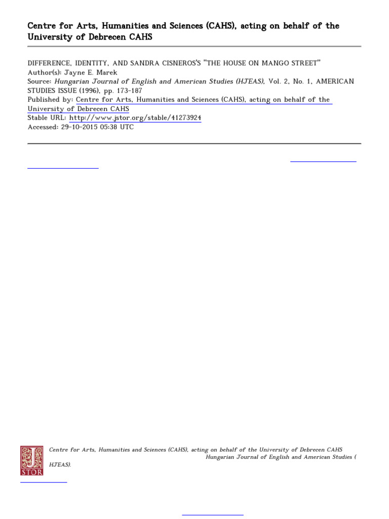 Difference, Identity, and Sandra Cisneros's The House On Mango Street | PDF