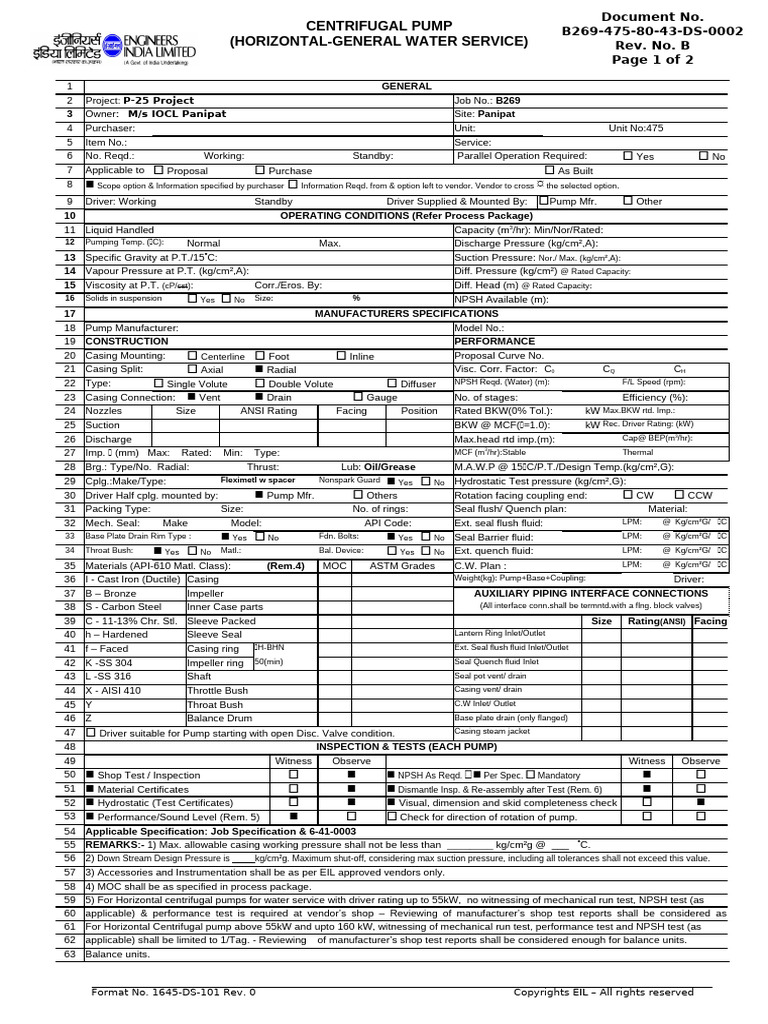 P-25 Project M/s IOCL Panipat: Format No. 1645-DS-101 Rev. 0 | PDF ...