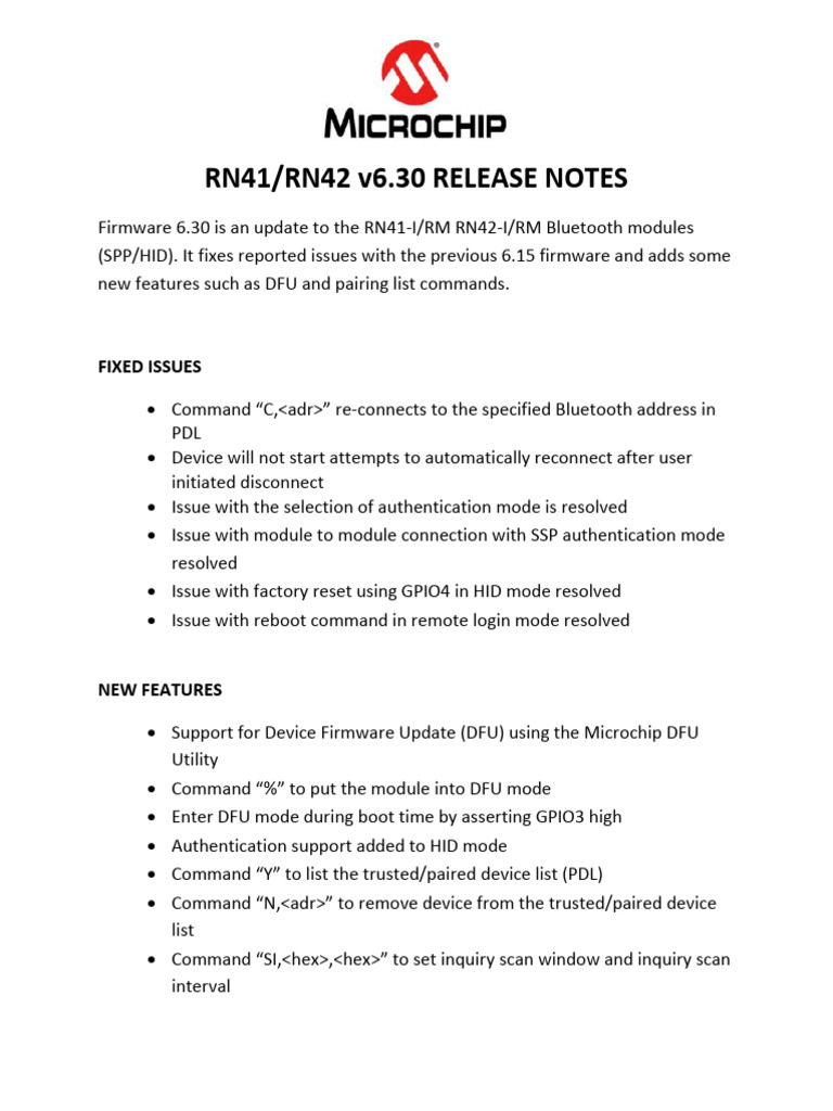 RN41/RN42 Firmware 6.30 Release Notes | PDF
