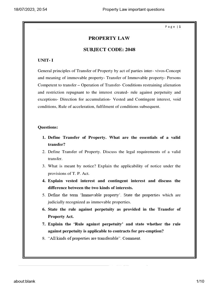 Property Law Important Questions | PDF | Lease | Trustee