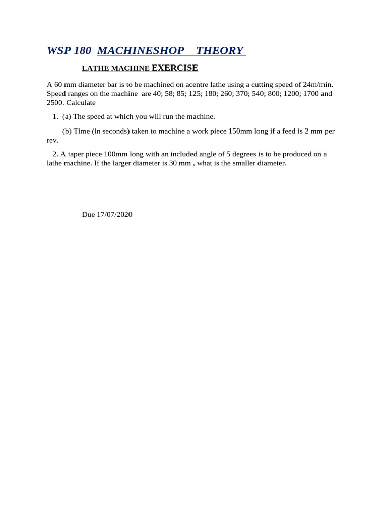 WSP 180 Lathe Machine Exercise | PDF
