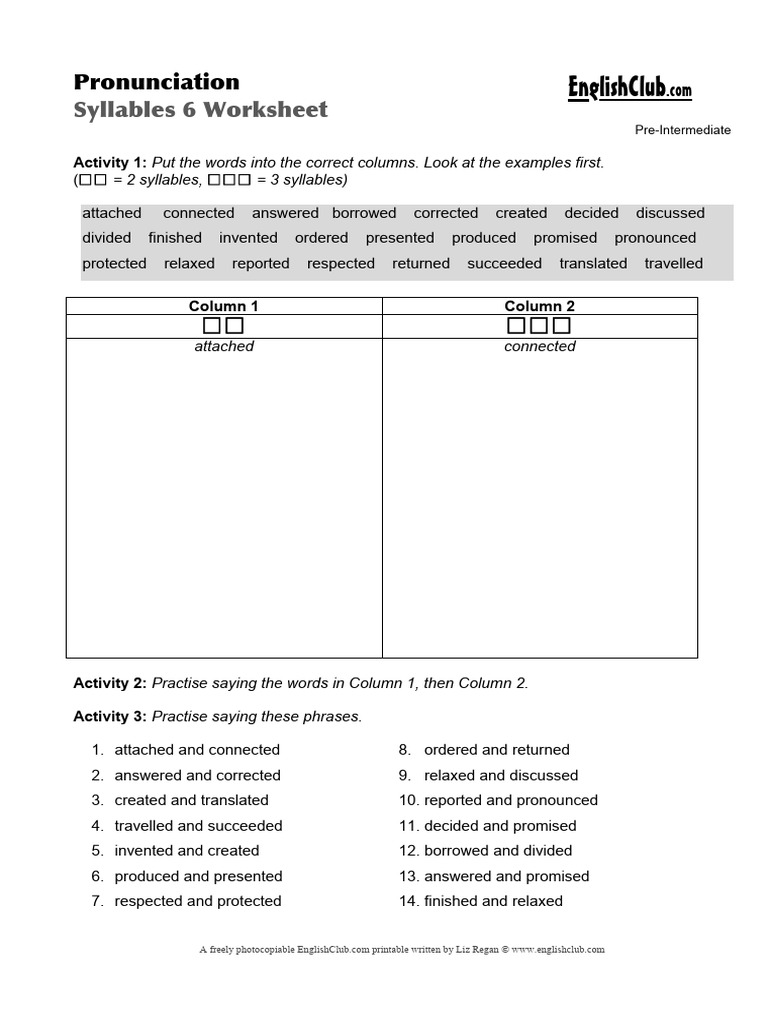 EC - Pronunciation Syllables 6 PI - With KEY | PDF | Linguistics ...