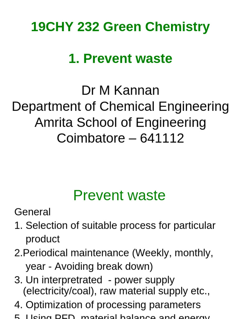 5 Prevent Waste - Green Chemistry CHY 232 | PDF | Fuel Cell | Anode
