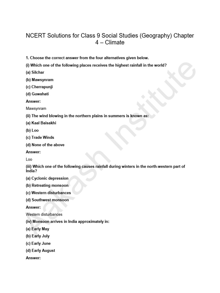 NCERT Class 9 Geography Chapter 4 Solutions | PDF | Monsoon | Rain