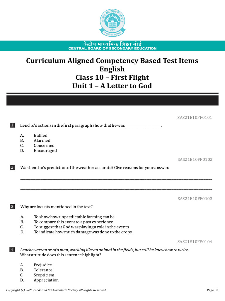 Cbse Class 10 English Competency Based Questions | PDF | Courage