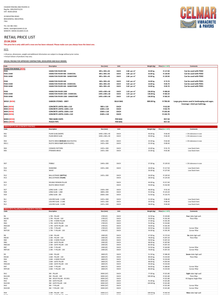 Celmar Price List for Fencing and Pavers | PDF