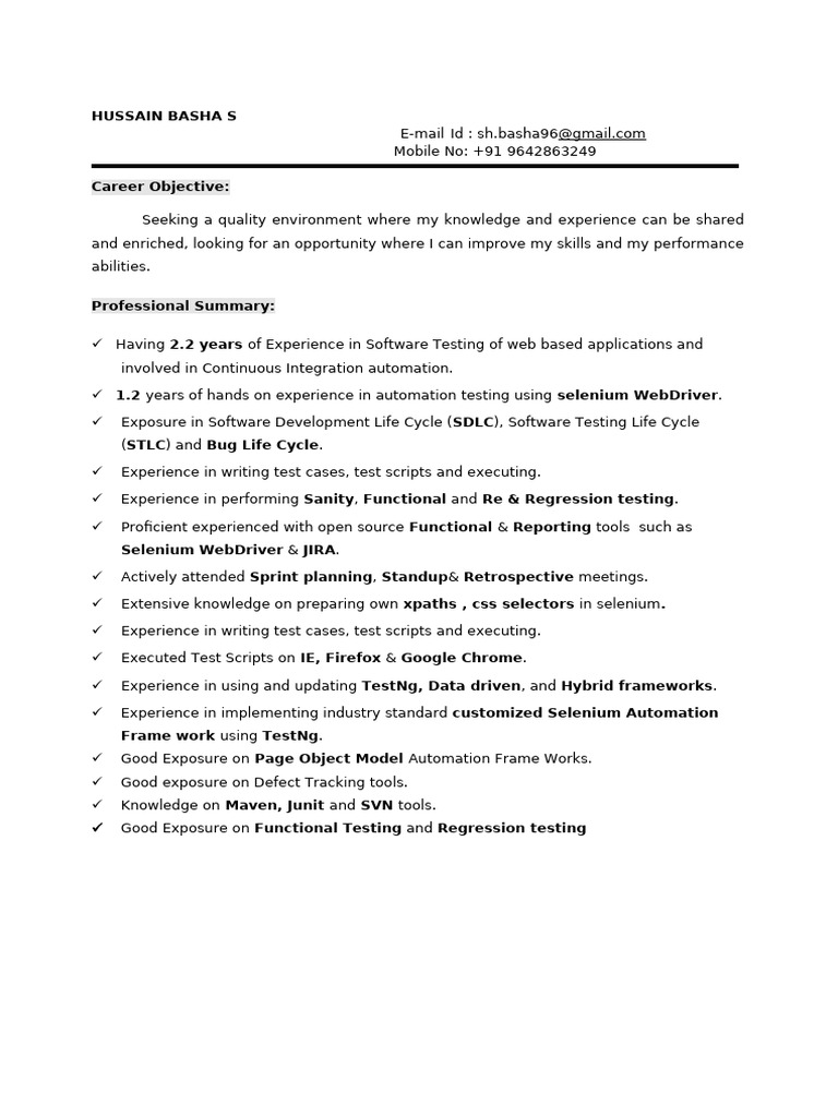 HUSSAIN BASHA RESUME | PDF | Software Testing | Selenium (Software)
