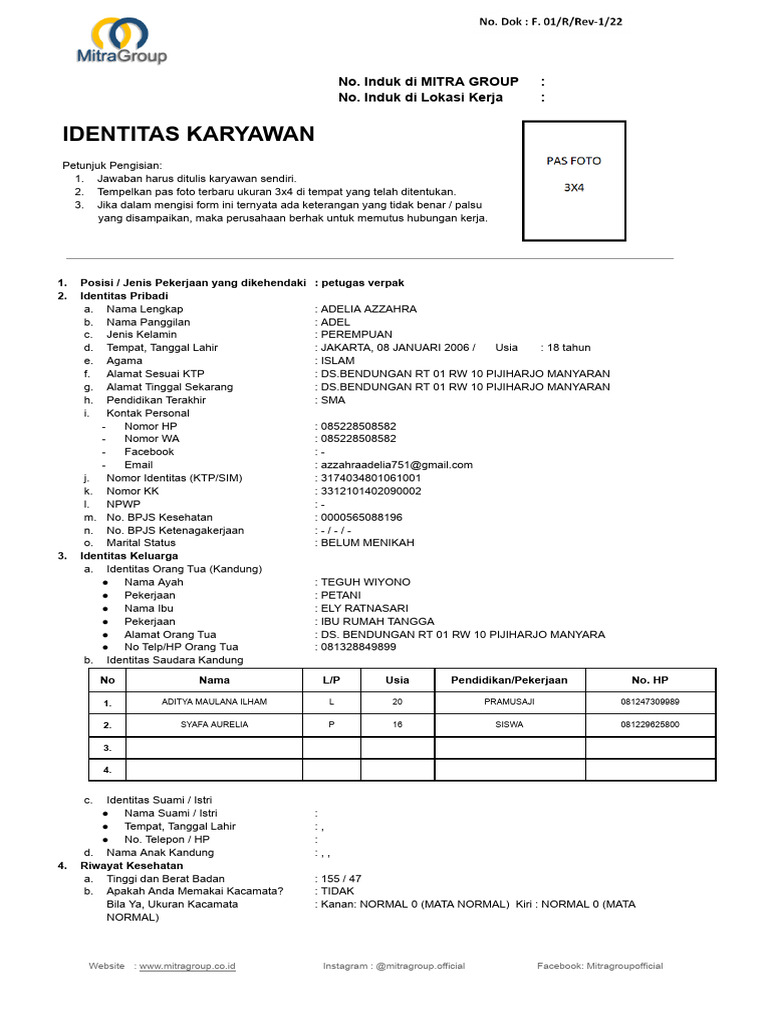 Adelia Azzahra - Form Identitas Mitra Group (Wajib Print) | PDF