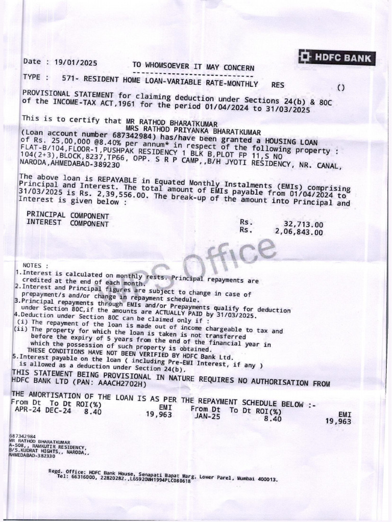 Housing Loan Interest Certificate | PDF