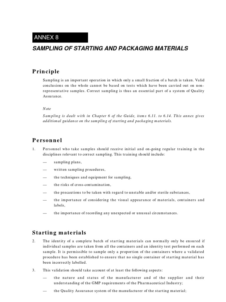 Sampling of Starting and Packaging Materials: Annex 8 | PDF | Quality ...