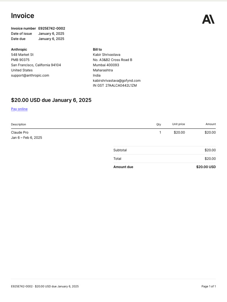 Invoice for Claude Pro Subscription | PDF
