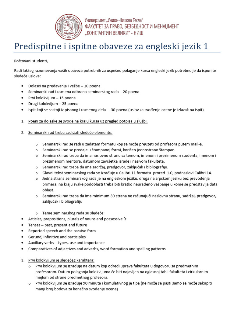 Predispitne I Ispitne Obaveze Za Engleski 1 | PDF