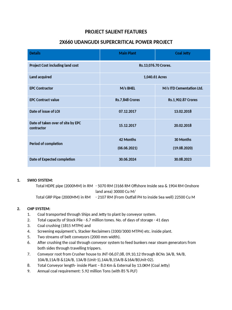 Udangudi Project - Project Salient Features | PDF | Coal | Boiler
