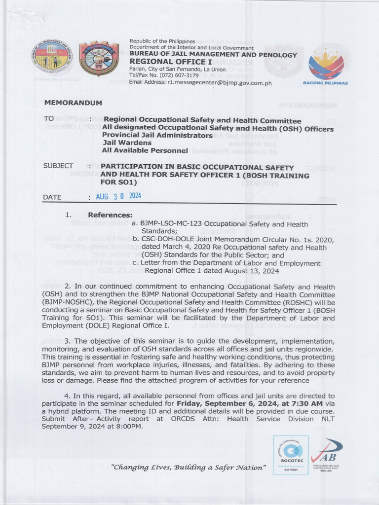 Participation in Basic Occupational Safety and Health For Safety ...