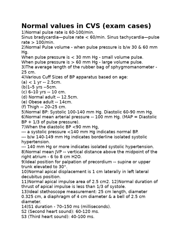 Normal Values in CVS (Exam Cases) | PDF | Heart Valve | Pulse