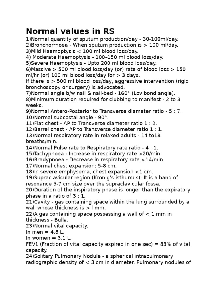 Normal Values in RS | PDF | Tuberculosis | Clinical Medicine