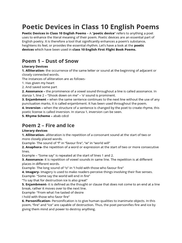 Poetic Devices in Class 10 English Poems | PDF | Poetry | Rhyme