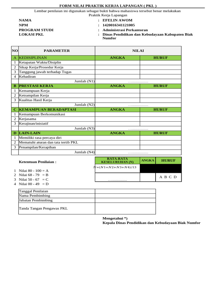 Form Nilai PKL | PDF