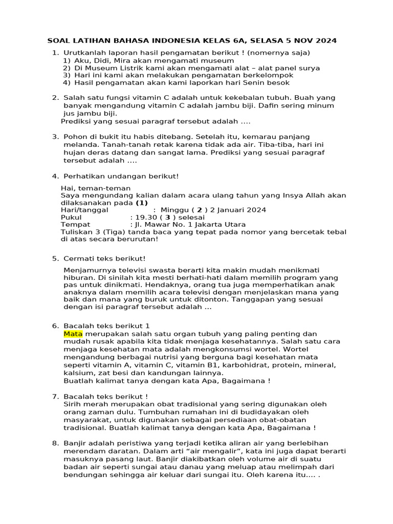 Latihan Bahasa Indonesia Aas 1 | PDF