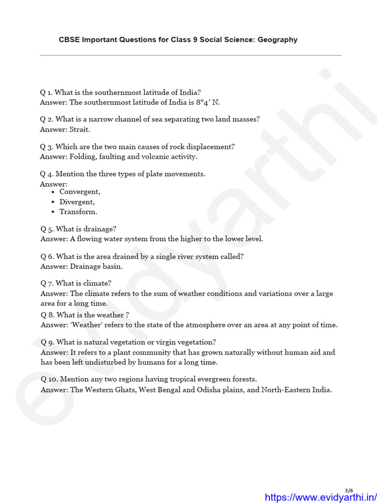 Impont Question Cbse Class 9 Geography All Chapters | PDF